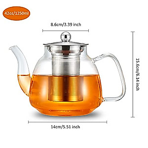 42oz/1250ml Glass Teapot, Glass Tea Kettle with Removable Stainless Steel Infuser, Stovetop Safe Tea Pot for Blooming and Loose Leaf Tea, Tea Maker Gift