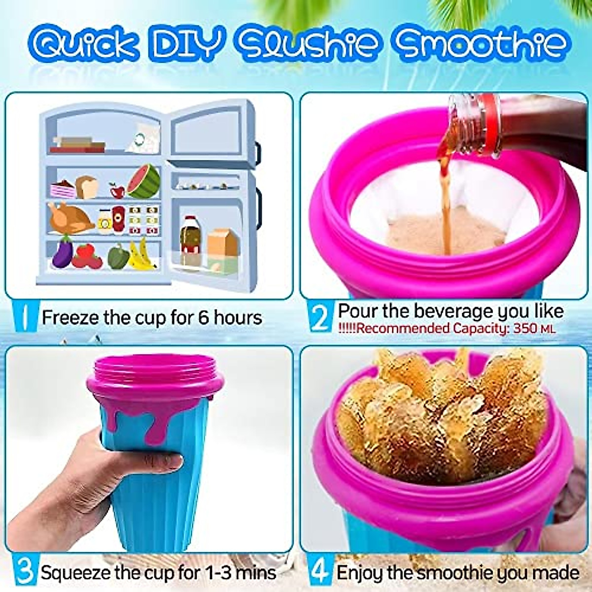 Slushy Maker Cup - Upgraded 500ML Magic Quick Smoothie Cup, Homemade Slush and Shake Maker, Double Layer Silica Pinch Cup with Spoon & Cleaning Brush for Ice Cream Maker, Milkshake, Summer - Blue New