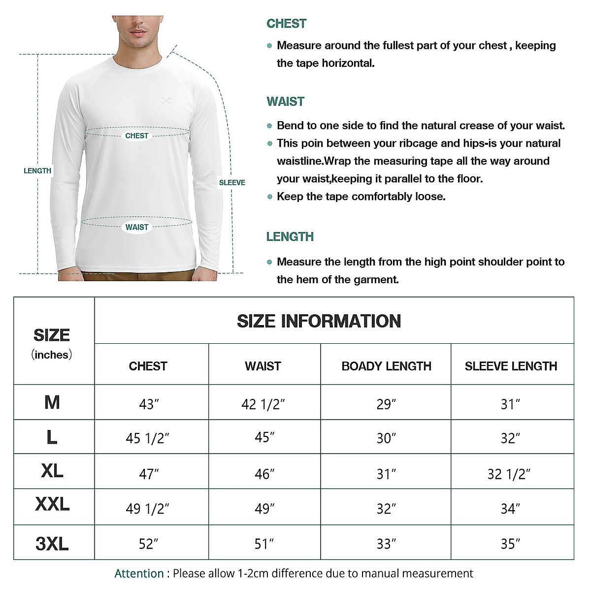 Men's Crewneck Training Workout T-Shirt Long Sleeve Activewear Top (White,XXL)