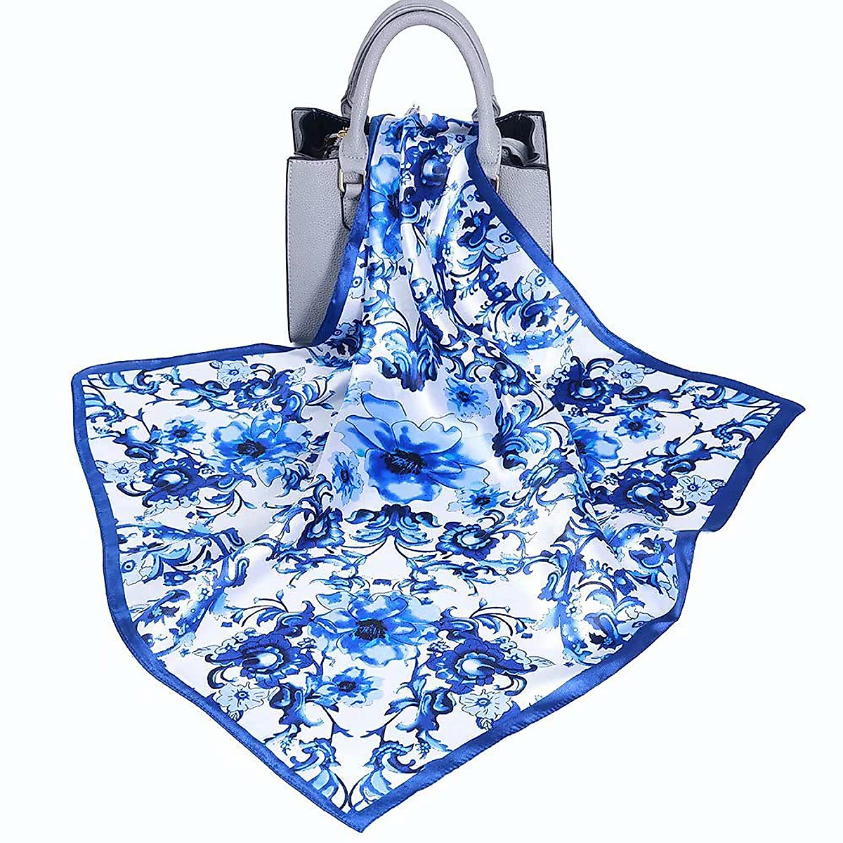 YOUR SMILE 100% Silk Scarf Women’s Fashion Pattern Large Square Satin Headscarf Headdress 24''x24'',Blue Flower