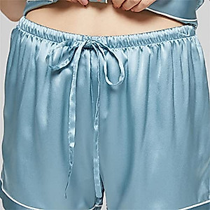 SESILK 100% Mulberry Silk Pajamas Mulberry Silk Sleepwear Short Sleeve Nightgown Silk Nightwear Set with Silk Shorts Silk Home Real Silk Smooth Box Packaging HazeBlue L