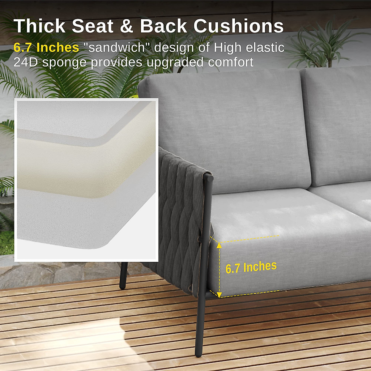 EAST OAK Life Chatter Patio Furniture Set, Outdoor Furniture Sectional Sofa Set with Round Coffee Table, 4 Seats Sofa Deep Seating with Thick & Washable Cushions, Earth Black & Misty Grey