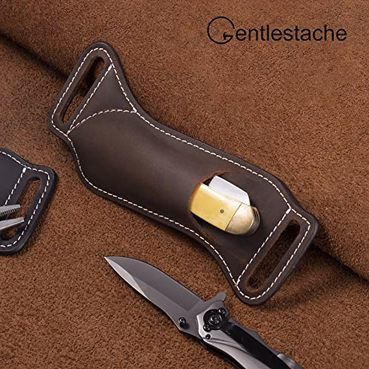 Gentlestache Leather Knife Sheaths for Belt, Pocket Knife Holder, EDC Sheath for Folding, Compact Draw Knife Holster Dark Brown