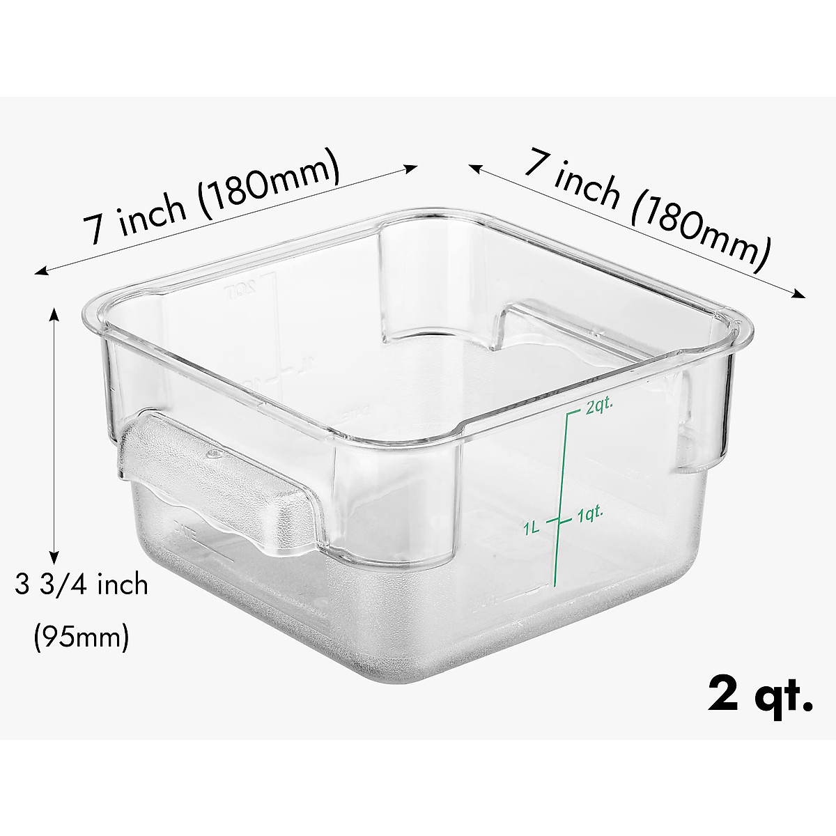 CURTA 4 Pack Food Storage Container with Green Lid - NSF Listed Commercial Grade in 2.0 Qt - Square, Clear, Polycarbonate