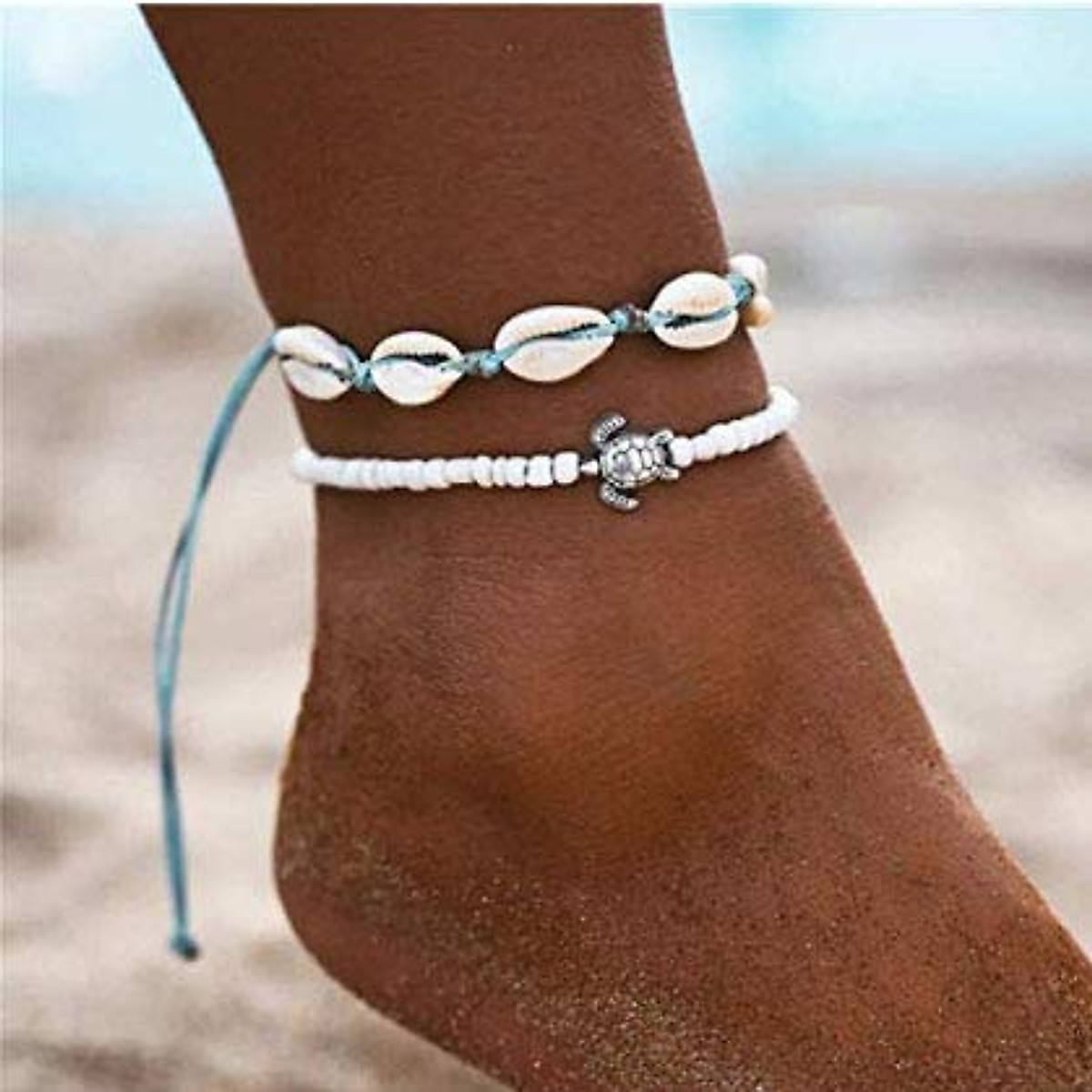 Aluinn Boho Turtle Layered Shell Anklet Set Silver Ankle Bracelets Beaded Foot Chain Beach Foot Jewelry Accessories for Women summer gifts