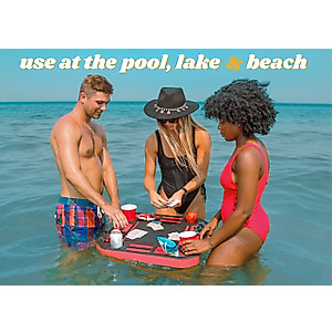 Polar Whale Floating Poker Table Red and Black Game Tray for Pool Beach Party Float Lounge Durable Foam 23 Inch Chip Slots Drink Holders with Waterproof Playing Cards Deck UV Resistant