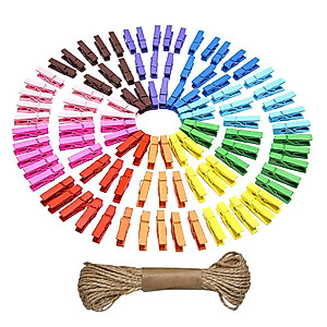 EBOOT Mini Natural Wooden Clothespins Photo Paper Peg Pin Craft Clips with Natural Twine, 100 Pieces (10 Colors)
