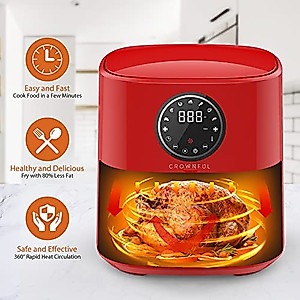 CROWNFUL 5 Quart Air Fryer, Electric Hot Oven Oilless Cooker，LCD Digital Touch Screen with 7 Cooking Presets and 53 Recipes, Nonstick Basket，1500W ETL Listed (Red)