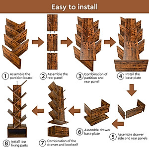 Luckyeestar 6 Tier Tree Bookshelf, Retro Floor-Standing 6 Shelf Bookcase Storage Rack, Wooden Storage Rack Modern Bookshelf, Put Books, Photo Albums, Magazines, CD（ Rustic Walnut）