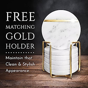 Marble Coasters for Drinks , Gold Coasters Set of 6 with Gold Holder , 4" Wide Modern Round Table Coasters with Gold Brass Inlay , Gold Coasters Made from Real Solid Marble , Porta Vasos