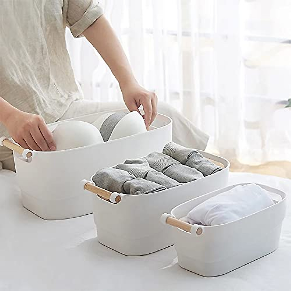 Storage Bins with Wood Handle, Sleek Design - White Matte Plastic Organizer Bucket Container for Pantry Shelf, Kitchen, Closet, Bathroom, Durable, Easy to Clean (WHITE, MEDIUM) (MEDIUM)