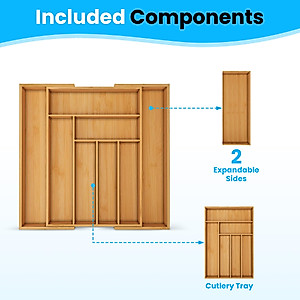 LifeReorganized Organize Your Kitchen, Makeup & Jewelry w/Expandable Bamboo Drawer Organizer Tray-Silicone Feet, Cutlery Flatware & Silverware Knife Fork Spoon Cosmetics-Keep Countertop Organized!