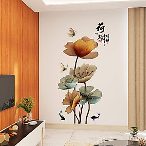 DERUN TRADING Lotus Flowers Floral Peel and Stick Wall Stickers Decals Murals Art Decor for Living Room Nursery Room Bedroom Office Bathroom Vinyl Removable Wall Decoration Romantic Beautiful Lovely