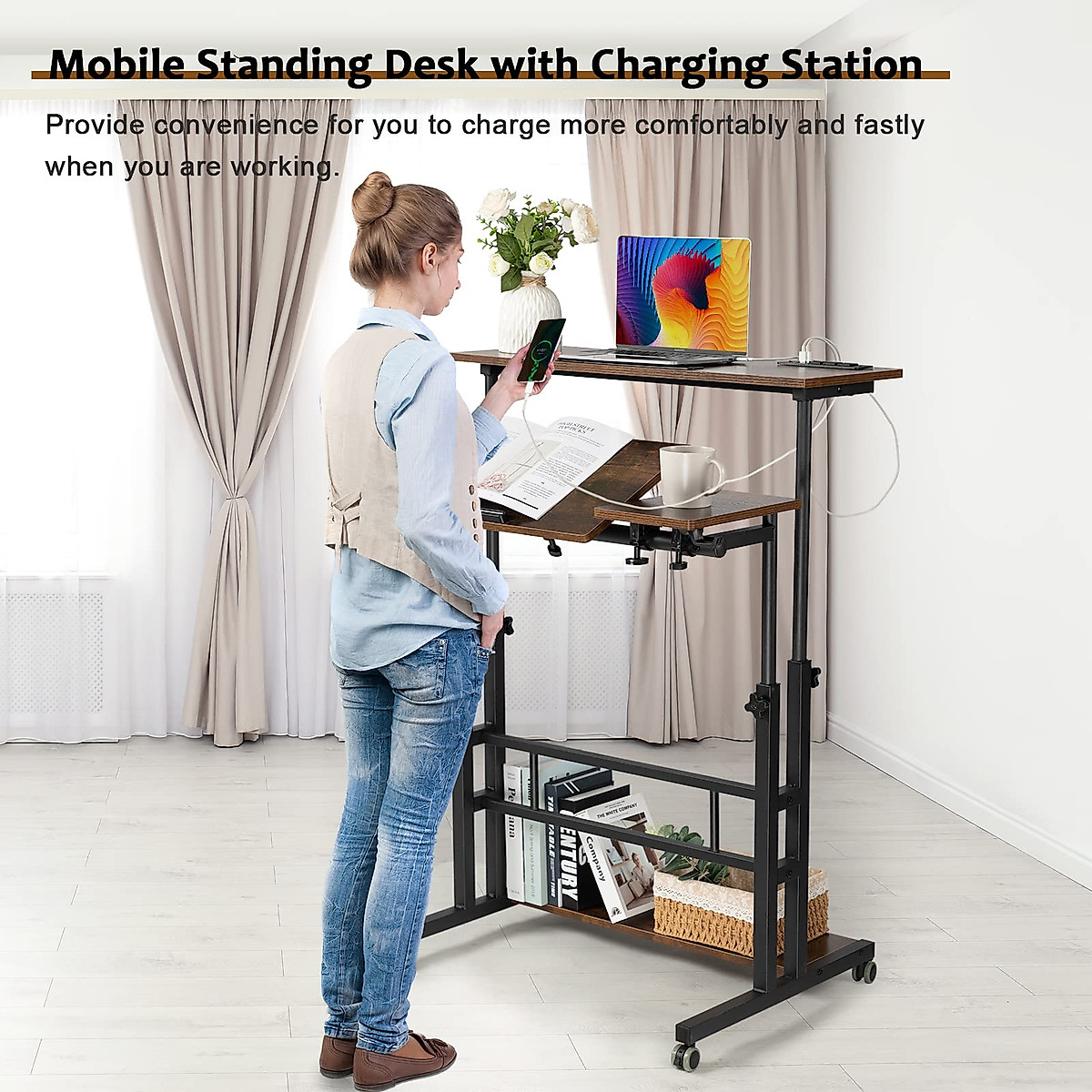 Hadulcet Mobile Standing Desk Adjustable Height, Rolling Desk Stand Up Desk, Mobile Laptop Desk, Rolling Computer Desk with Charging Station, Portable Desk with Wheels, Rustic Brown