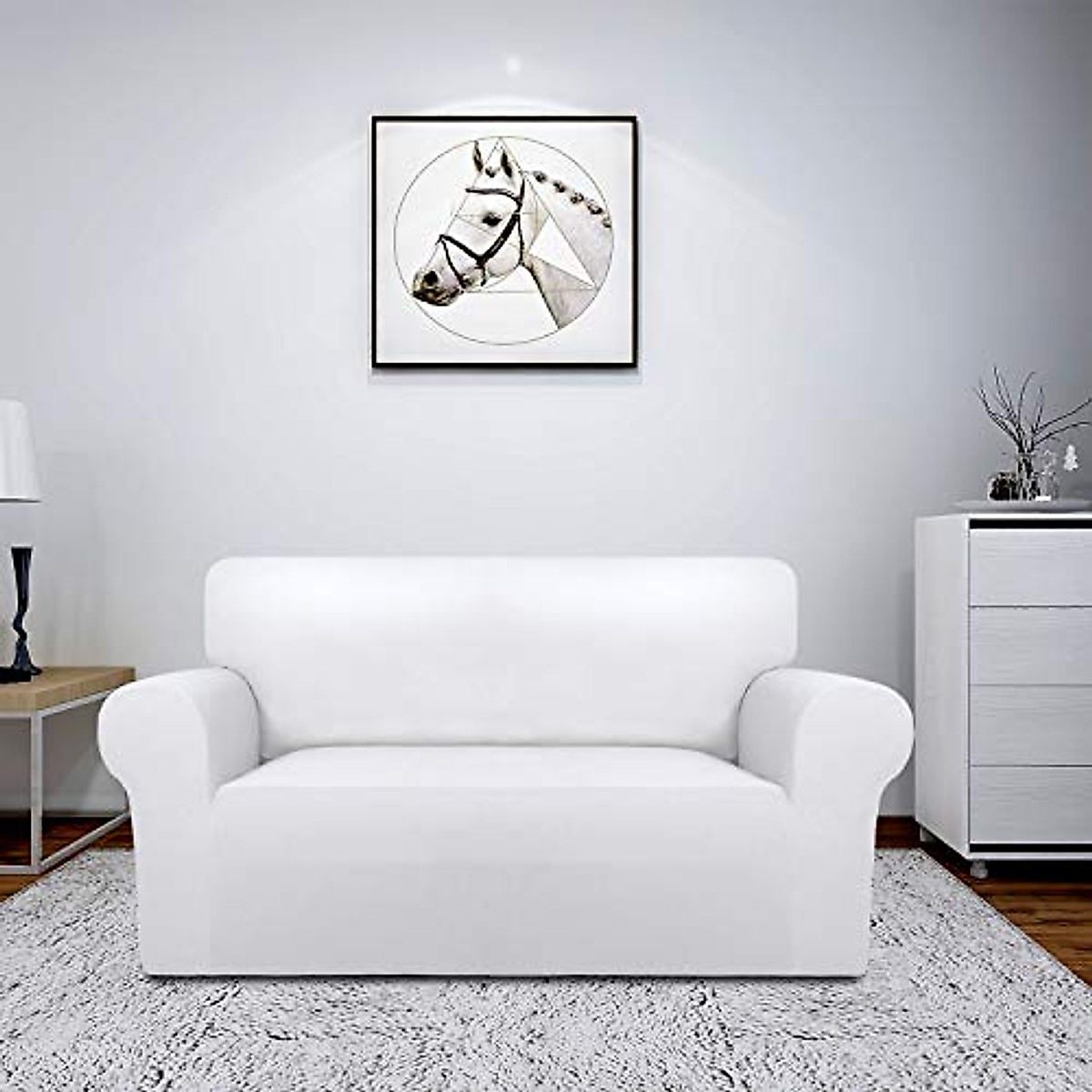 Easy-Going Fleece Stretch Sofa Slipcover Spandex Non-Slip Soft Couch Sofa Cover, Washable Furniture Protector with Anti-Skid Foam and Elastic Bottom for Kids, Pets(Loveseat, Snow White)