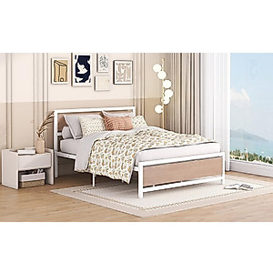 HABUHOME Queen Size Platform Bed, Metal and Wood Bed Frame with Headboard and Footboard, White