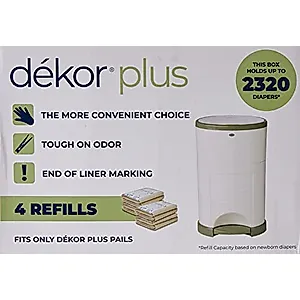 DEKOR Plus Diaper Pail Refills | 4 Count | Most Economical Refill System | Quick & Easy to Replace | No Preset Bag Size – Use Only What You Need | Exclusive End-of-Liner Marking | Baby Powder Scent