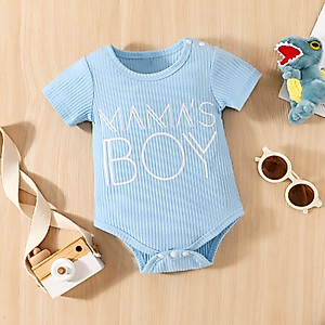 Newborn Infant Baby Boy Clothes Mamas Boy Ribbed Knitted Cotton Romper Dinosour Short Summer Outfits Set (Blue-short, 0-3 Months)