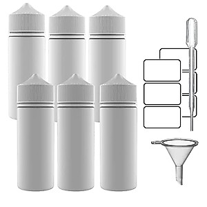 WHITE DROPPER EMPTY PET Chubby Gorilla V3 SQUEEZE BOTTLES - 120ml - with Plastic funnel, Pipette & 6 Label Stickers (6 pk) Solid White