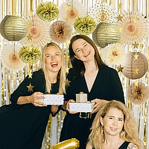 Brown Gold Party Decorations Paper Lanterns Cream Tissue Paper Pom Poms Flowers with Star Garland for Brown Birthday Party Rustic Wedding Baby Shower Retirement Gold Graduation Decorations