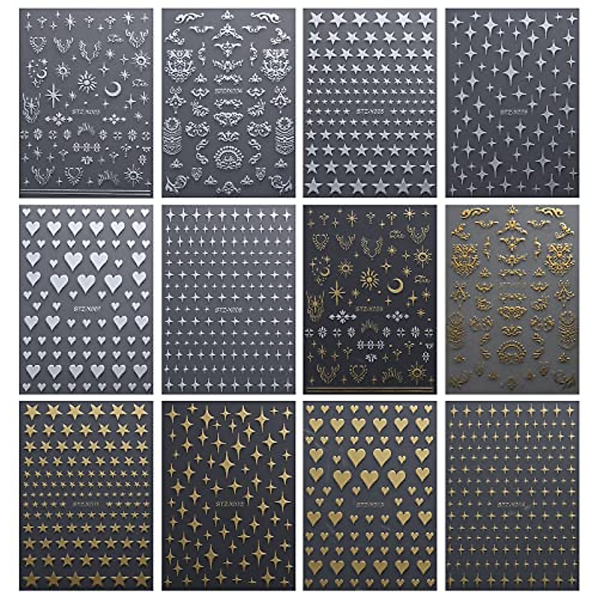 JMEOWIO 12 Sheets Moon Star Nail Art Stickers Decals Self-Adhesive Pegatinas Uñas Gold Silver Nail Supplies Nail Art Design Decoration Accessories