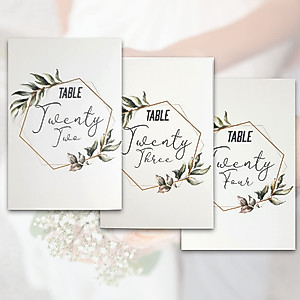 Table Numbers 1-25 with Table Head (4x6 inches) , Wedding Table Numbers , Table Numbers for Wedding Reception , Geometry Golden Frames & Watercolor Drawn Branches of Green Leaves & Succulent Design