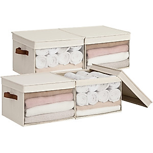 StorageWorks Storage Bins with Lids and Clear Window, Storage Basket for Shelves, Fabric Closet Containers and Organizers, Beige, 4-Pack