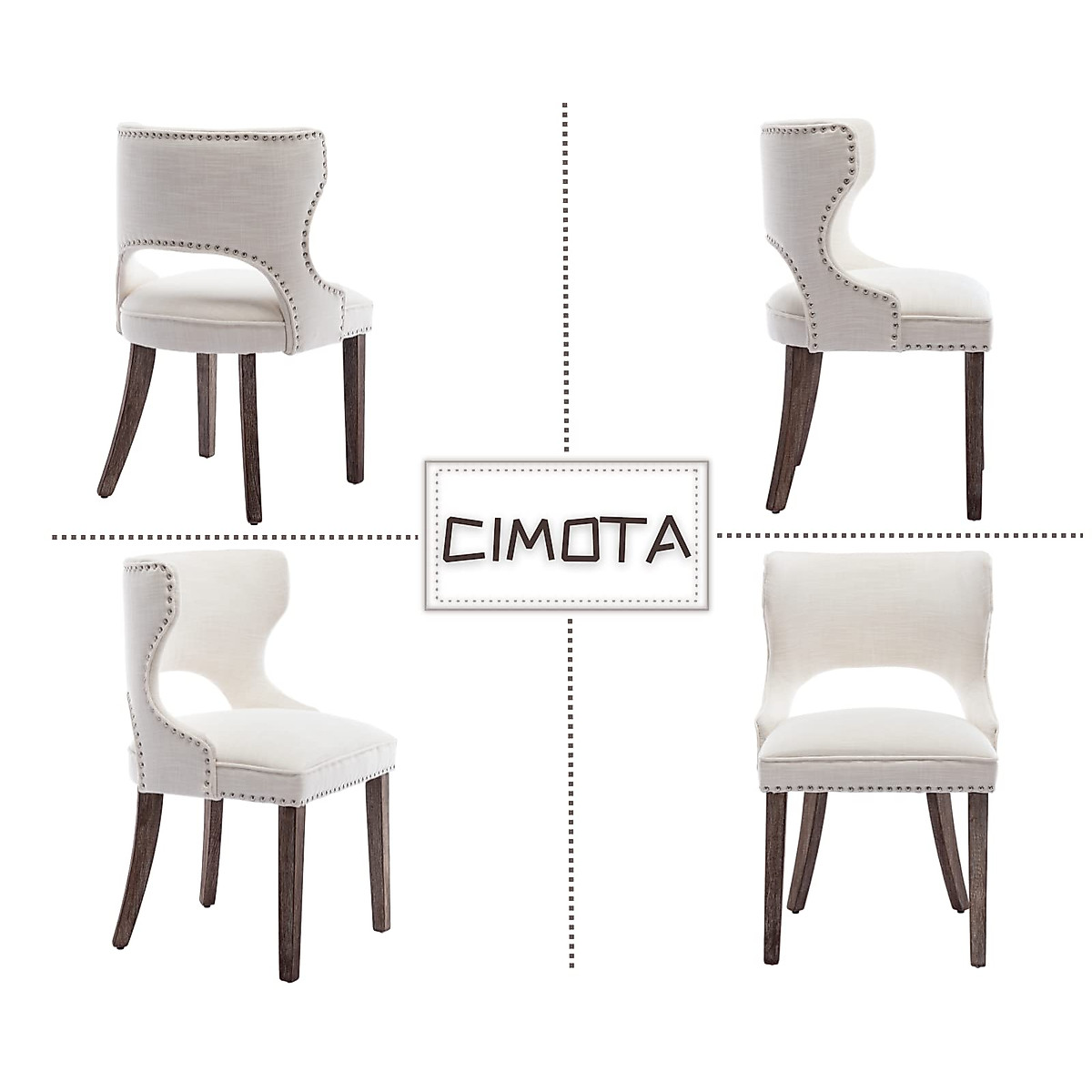 CIMOTA Mid Century Modern Dining Chairs Set of 2, Upholstered Dining Room Chairs Comfy Armless Side Chairs with Open Back/Nailhead Trim for Kitchen/Dining Room/Living Room, Linen Beige/2PCS