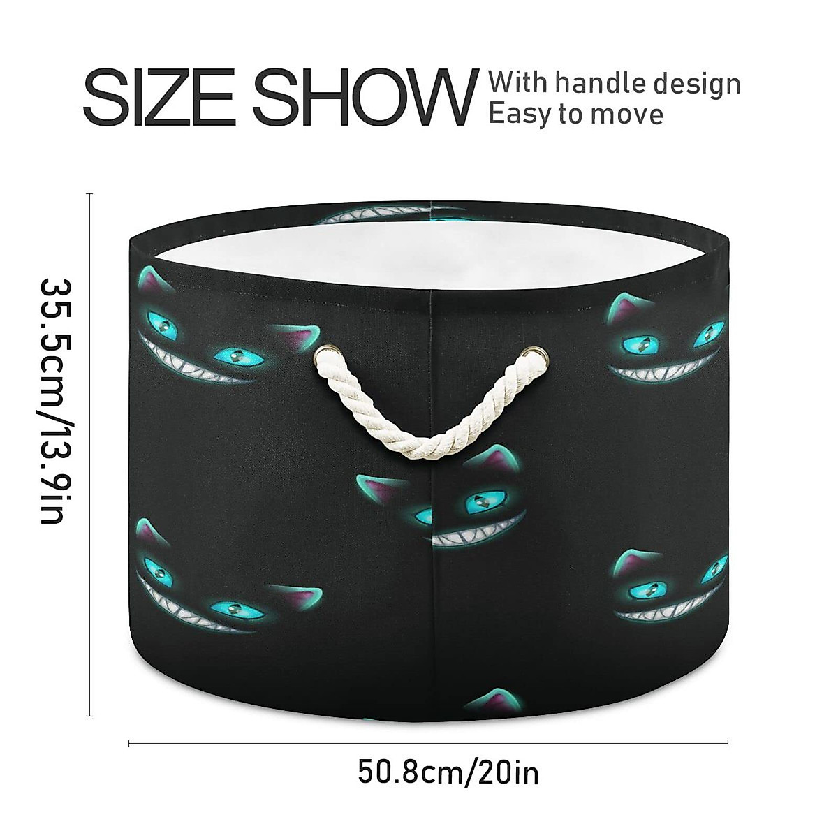 Kigai Cheshire Cat Texture Large Round Storage Basket with Handle, Collapsible Decorative Laundry Baskets for Blanket, Cotton Rope Organizer Toys Towels Nursery Hamper Bin, 20" x 14"