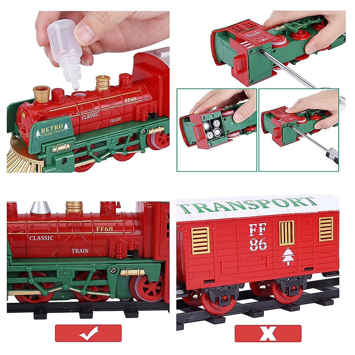 Christmas Train Set for Under/Around Christmas Tree,Electric Toy Train with Lights,Real Smoke,Sound,Include 4 Cars,10 Tracks,5 Dinosaurs, Battery Operated Holiday Train Xmas Gifts for Kids Boys Girls