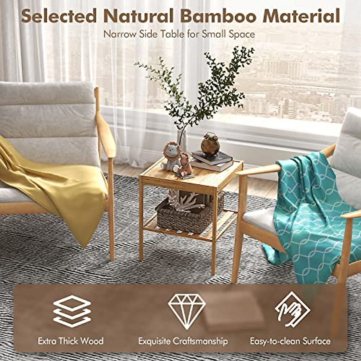 Giantex Bamboo Nightstands Set of 2, Square Bedside Table with Storage Shelf, Natural Wood End Side Table for Bedroom Home Office, Easy Assembly (2)