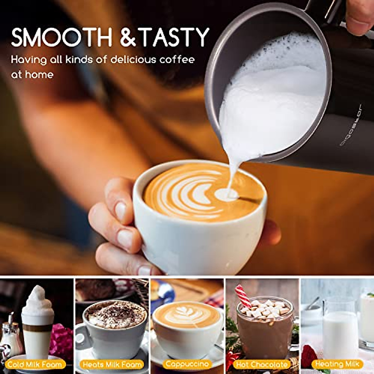 Milk Frother, Aigostar Electric Milk Frother and Steamer, Automatic Milk Steamer for Hot/Cold Froth, 4-in-1 Milk Warmer and Foam Maker for Coffee, Hot Chocolates, Latte, Cappuccino, Silent, 8.1oz