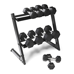 WF Athletic Supply Rubber Coated Hex Dumbbell Set Non-Slip Hex Shape for Muscle Toning, Strength Building, Weight Loss - Multiple Choices Available (d. 200LB Dumbbells Set with Two Tier Storage Rack)