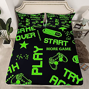 Erosebridal Games Fitted Sheet Twin Size Kids Boys Gamepad Gamer Bedding Set Gaming Sheet Set Gifts for Christmas Bed Cover Gamer Room Decor with 1 Pillow Case Green Black No Flat Top Sheet