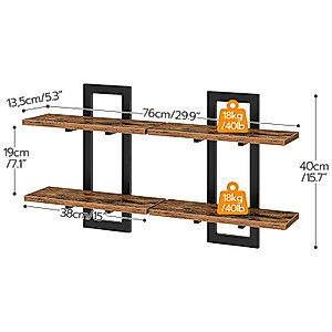 HOOBRO Floating Shelves, 15 Inch Wall Shelf Set of 2, Wall Mounted Storage Shelves 2-Tier, Hanging Bathroom Shelves, for Living Room, Bedroom, Bathroom, Kitchen, Rustic Brown and Black BF32BJ01
