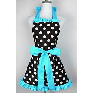 Kitchen Aprons Woman Retro Vintage Girl Polka Dot Cooking Pinafore Christmas Apron Dress (Dot Turquoise)