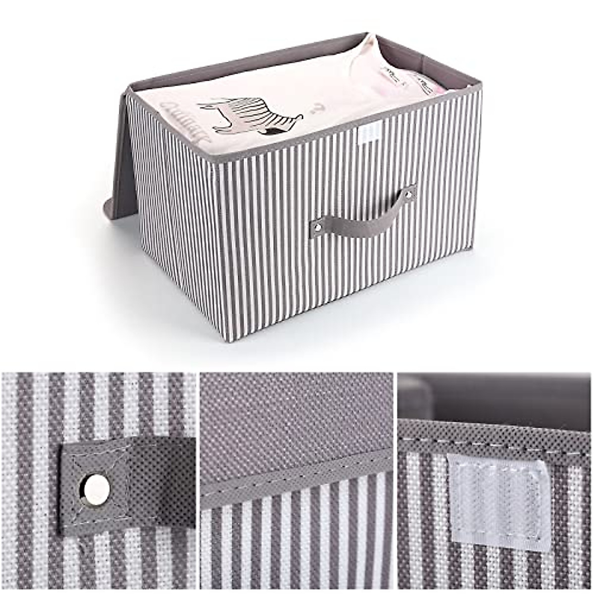 mee'life Foldable Storage Boxes with Lids 2 Pack Linen Fabric Storage Bins with Lids, Closet Organizers and Storage Baskets Cubes for Home Bedroom Closet Office (Grey Stripes, 14.9x9.8x9.8in)