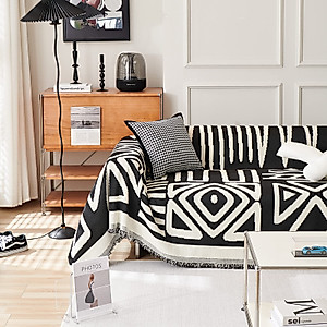 DREAMINGO Boho Sofa Covers for 3 Cushion Couch Chenille Couch Cover for Dogs Geometric Jacquard Sofa Slipcover Living Room Pet Furniture Protector Washable Sectional Couch Covers, 71"x150", Black