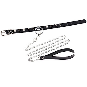 DAMSIL Punk Rivets Choker PU Leather Hauling Chain Collar Metal Ring Gothic Necklace NightClub Neck Accessories Adjustable Buckle (Black)