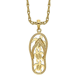 14K Yellow Gold Triple Sea Turtle Hawaiian Flip Flop Necklace Beach Sandals Pendant Ocean Vacation Charm 37mm x 11.5mm Only