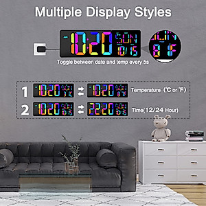 XREXS Large Digital Wall Clock with Remote Control, 17 Inch LED Large Display Count Up & Down Timer, Adjustable Brightness RGB Color Changing Clock Alarm Clock for Home, Gym, Office and Classroom