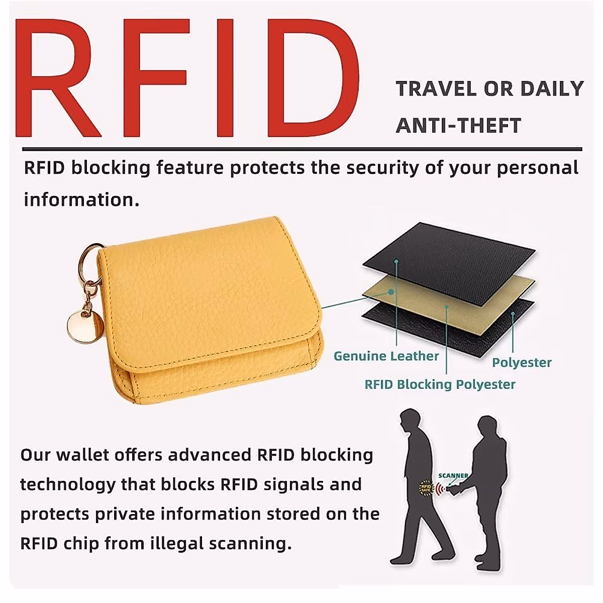 Mudono Small Wallet for Women RFID Blocking Genuine Leather Card Case Slim Tri-Fold Wallet with Zipper Pocket and Keychain