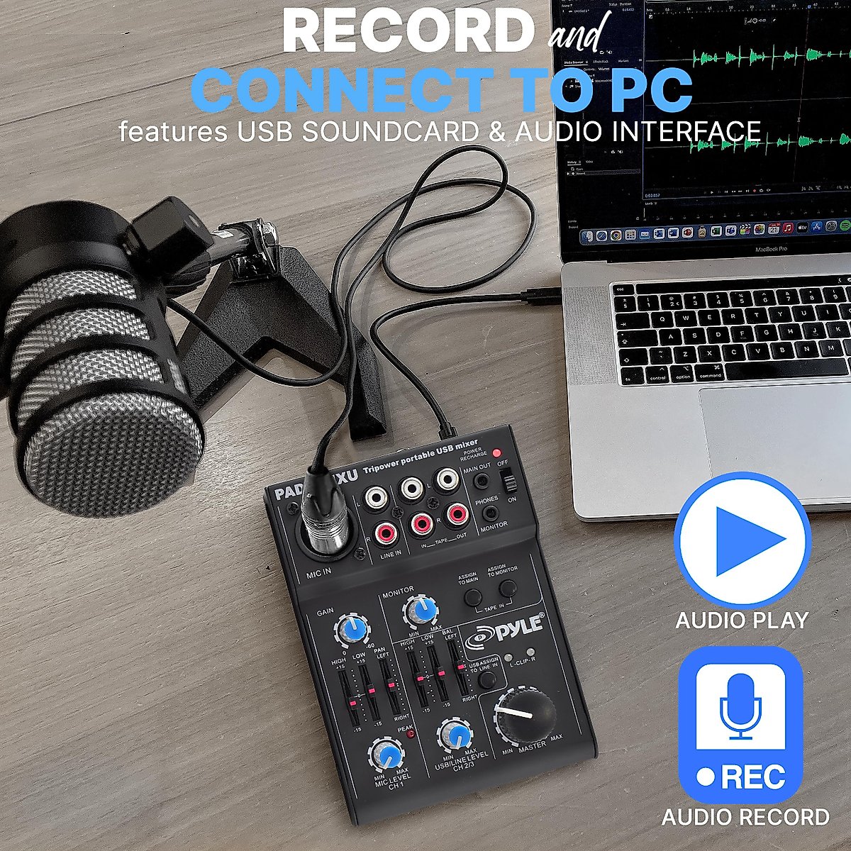 Pyle 5 Channel Audio Mixer - DJ Sound Controller Interface with USB Soundcard for PC Recording, XLR 3.5mm Microphone Jack, 18V Power, RCA Input and Output for Professional and Beginners -PAD20MXU