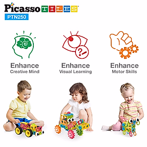PicassoTiles STEM Learning Toys 250 Piece Building Block Kids Construction Engineering Kit Toy Blocks Children Early Education Playset w/Free IdeaBook, Power Drill, Clickable Ratchet, Age 3+ PTN250