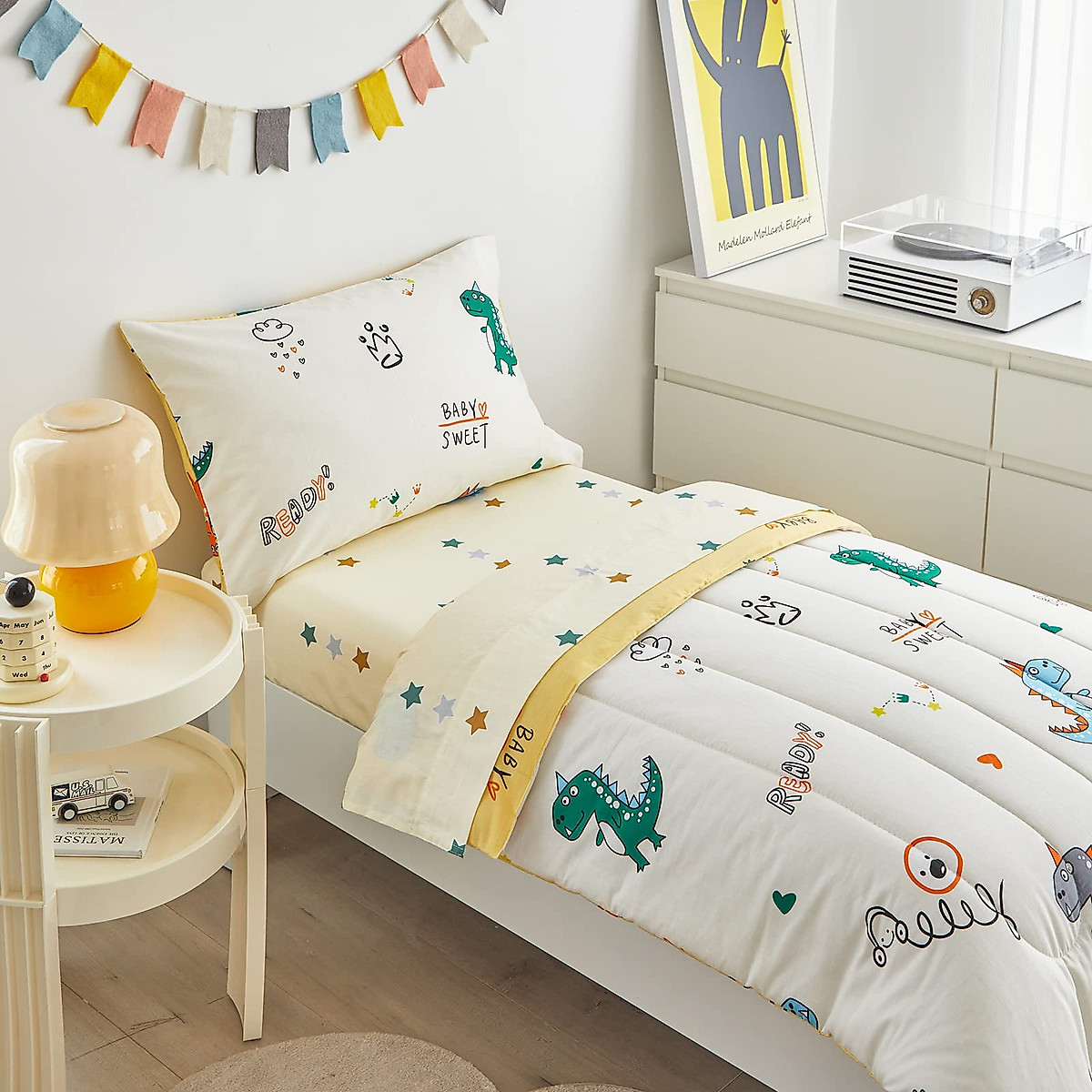 Cotton 4 Pieces Floral Toddler Bedding Set 4 pc Pink Flowers Toddler Bed Set with Includes Adorable Quilted White Comforter,Pink Plaid Fitted Sheet, Top Sheet, and Pillow Case