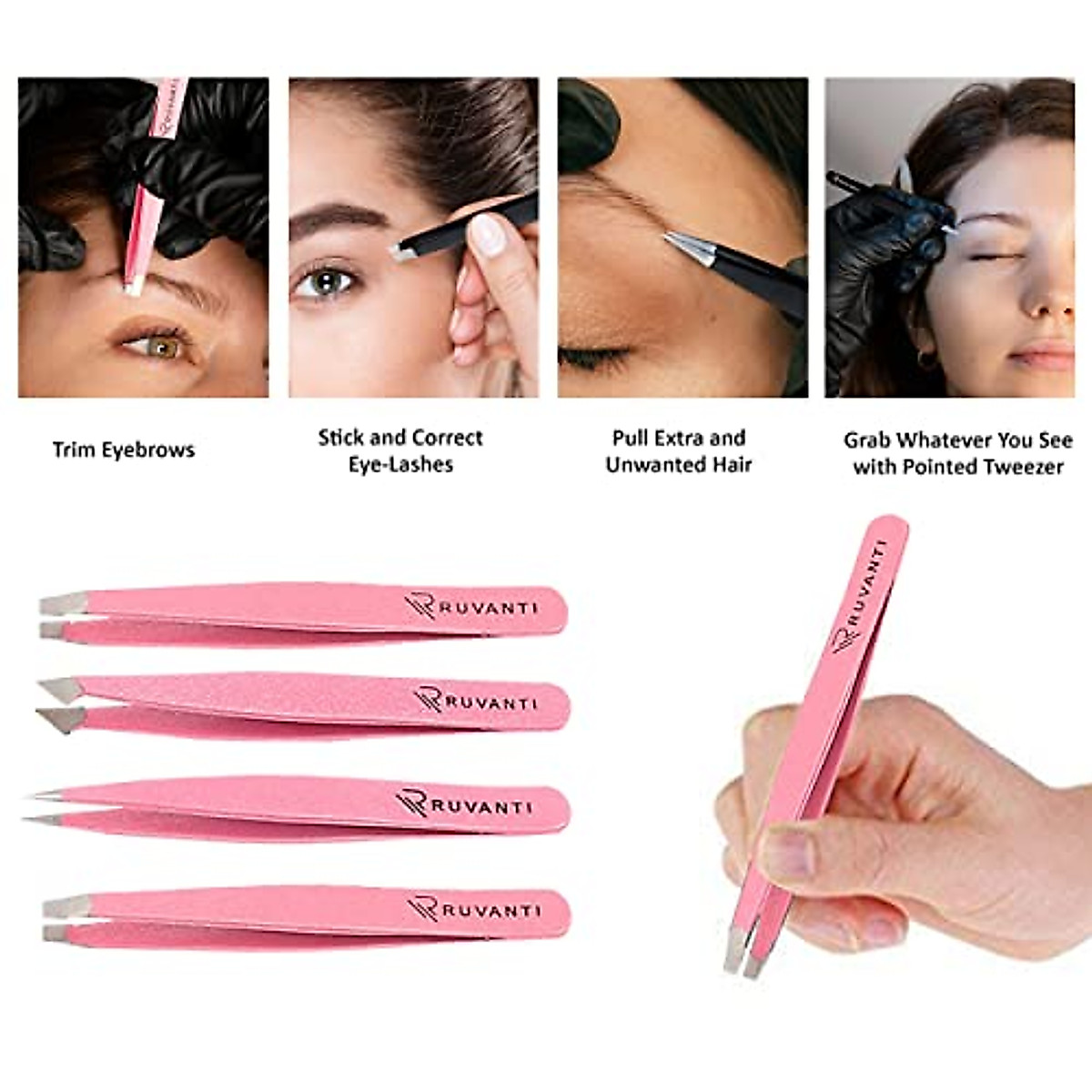 Ruvanti Tweezers 4 Pieces Set for Men/Women - Best for Plucking Eyebrow Facial & Ingrown Hairs, Slant Tip Pointed Straight & Precise - Pink