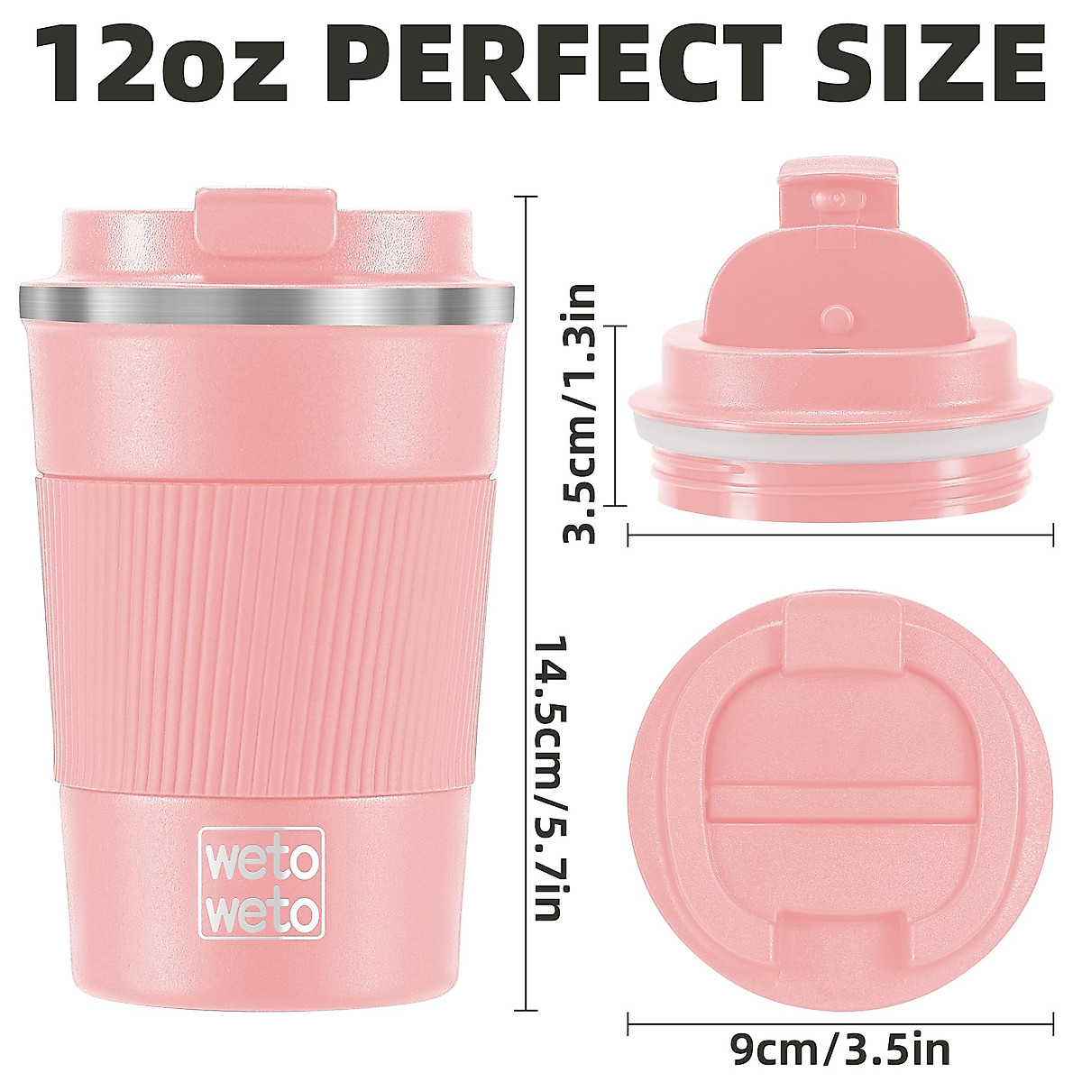 WETOWETO 12 oz Insulated Coffee Cup, Spill Proof Travel Coffee Mug, Vacuum Stainless Steel Coffee Tumbler, Coffee Mug with Lid, Portable Thermal Mug, Reusable Travel Coffee Cup(Pink)