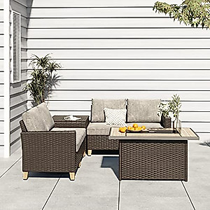 Grand patio Sofa Sets 6 Pieces Luxury Conversation Set with Fire Pit Table, Heavy Duty Rattan Patio Furniture Sectional with Thick Cushions for Yard Garden Porch(Brown Set with Fire Table, 6 PCS)