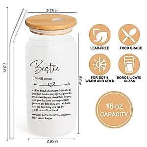 Bestie Birthday Gifts for Women her - Friends Female Funny Unique Best Friendship BFF Work Bestie Gifts, Can Glass Cup Coffee Wine Water Bottle Present with Glass Straw & Lid for Christmas - 16oz