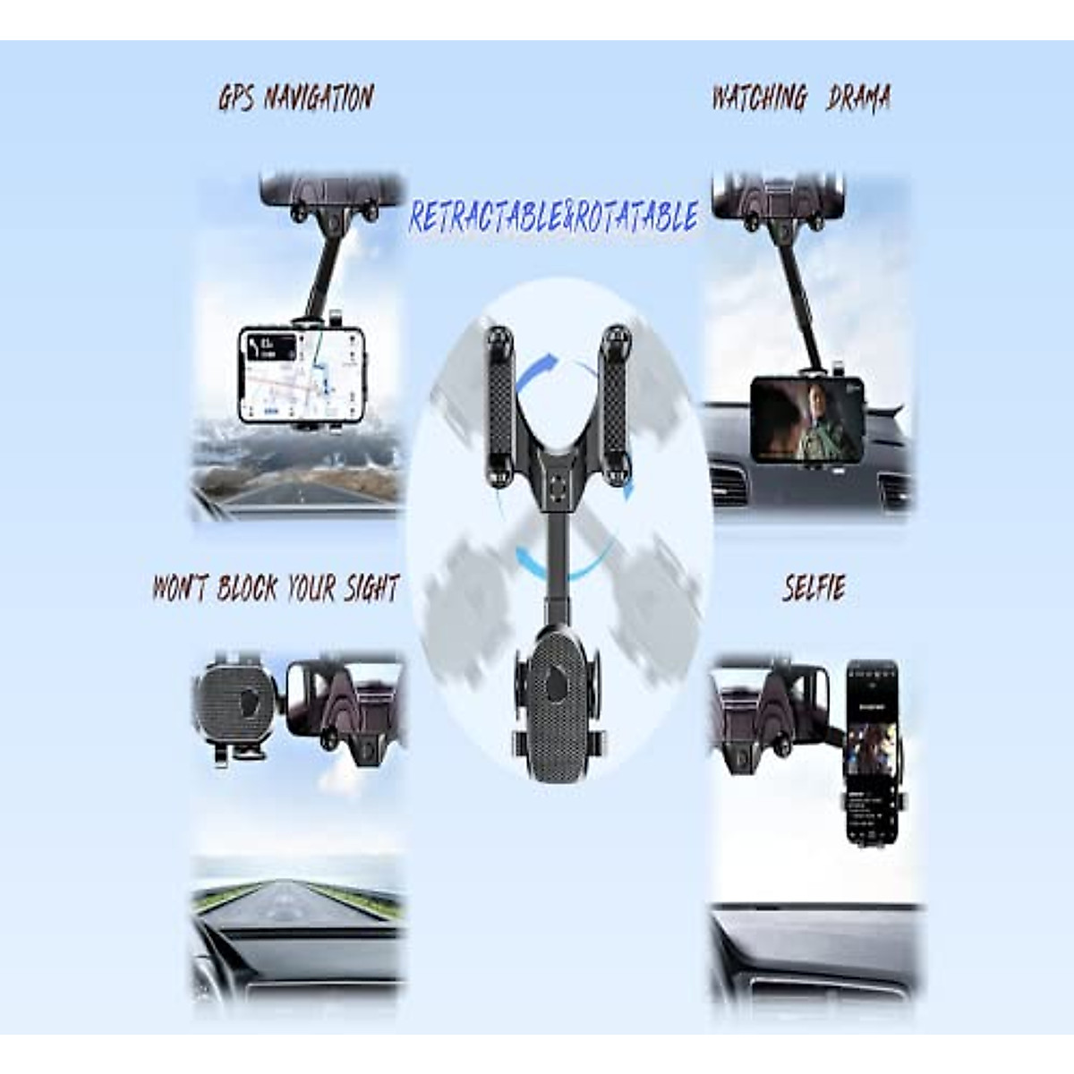 CJCTX Rear View Mirror Phone Holder for Car / 360° Rotatable and Retractable Car Phone Holder / 2022 Phone Mount for Car Like iPhone Samsung Smartphones